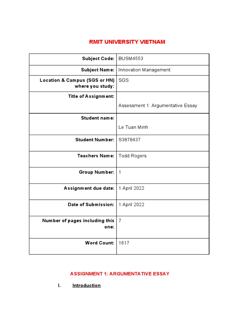 Rmit University Vietnam: Assignment 1: Argumentative Essay | PDF ...