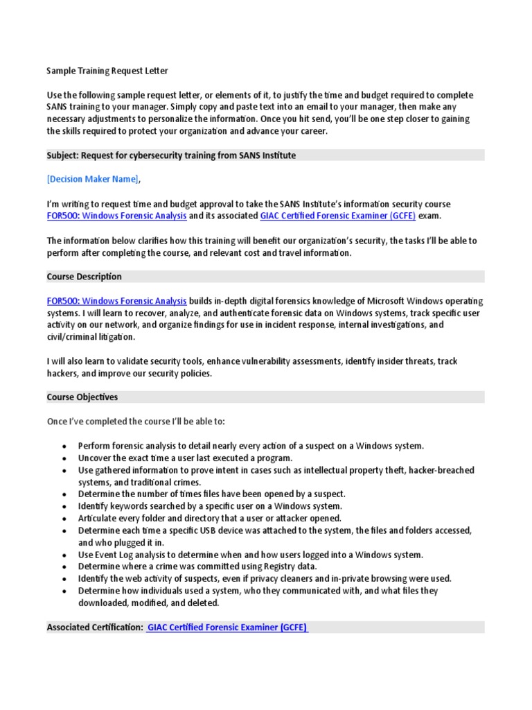 Request for SANS FOR500 Training Approval | PDF | Computer Forensics ...