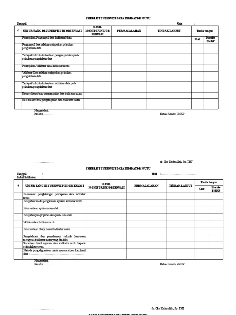 Ceklist Supervisi Data Indikator Mutu | PDF