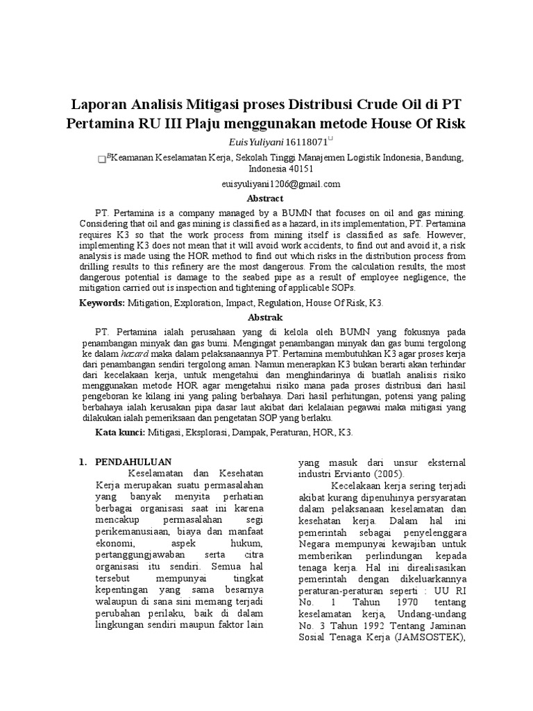 Laporan Mitigasi K3 PT Pertamina RU III Plaju | PDF