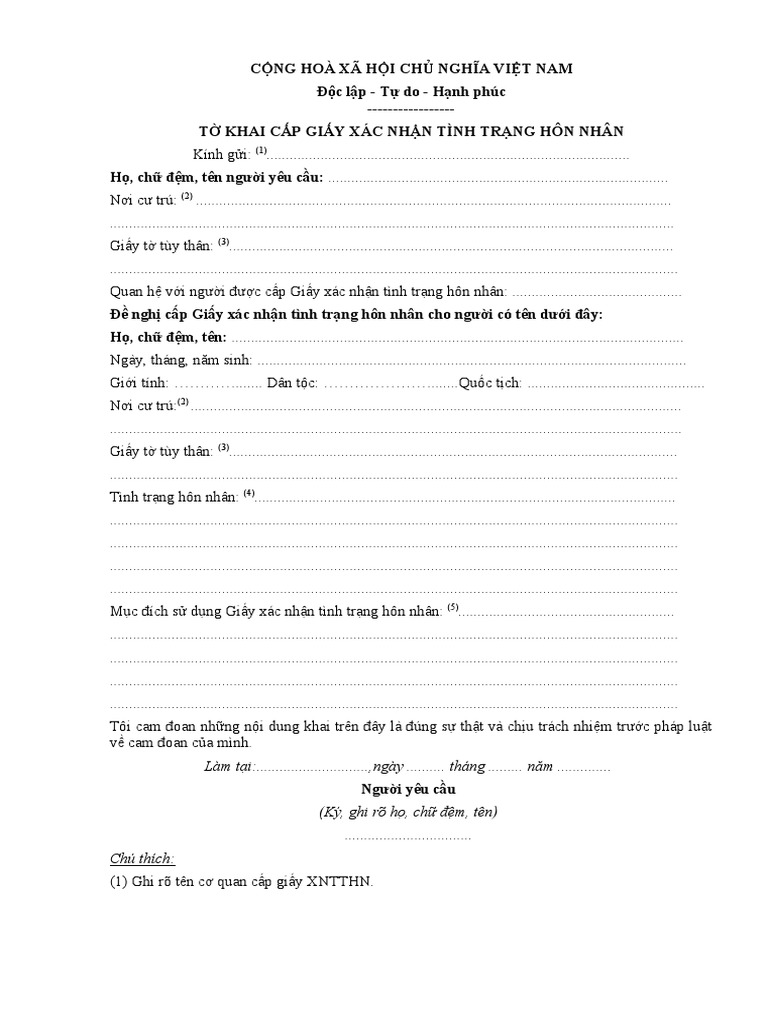 Mau To Khai Cap Giay Xac Nhan Tinh Trang Hon Nhan | PDF