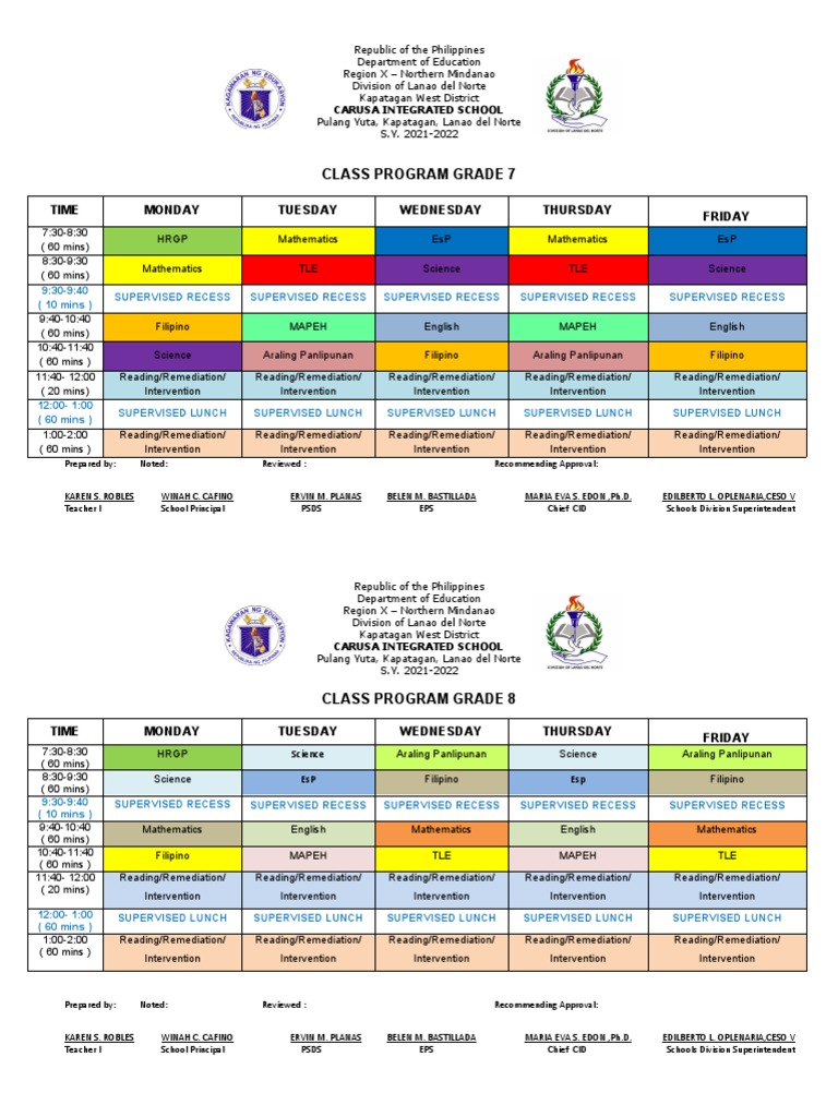 Class Program Grade 7: Time Monday Tuesday Wednesday Thursday Friday | PDF