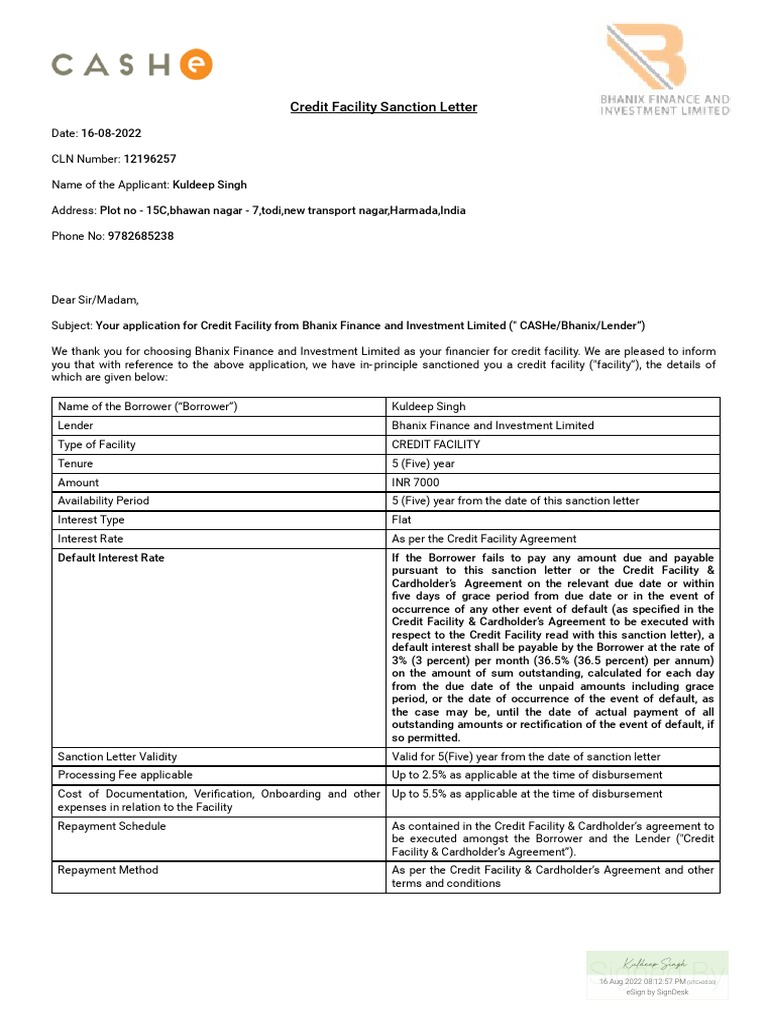 Credit Facility Sanction Letter: Kuldeep Singh | PDF | Line Of Credit ...