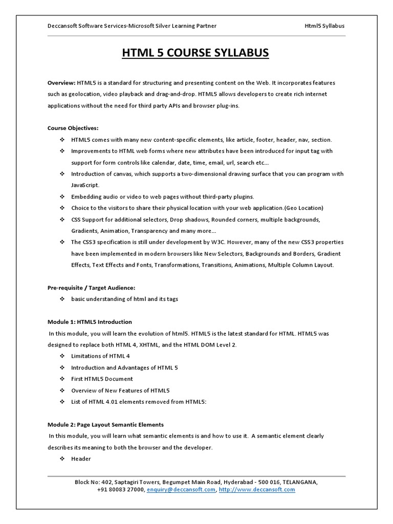HTML 5 Course Syllabus | PDF | Html5 | Html HTML 5 Course Syllabus | PDF | Html5 | Html