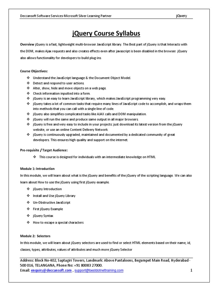 Jquery Course Syllabus | PDF | J Query | Java Script Jquery Course Syllabus | PDF | J Query | Java Script