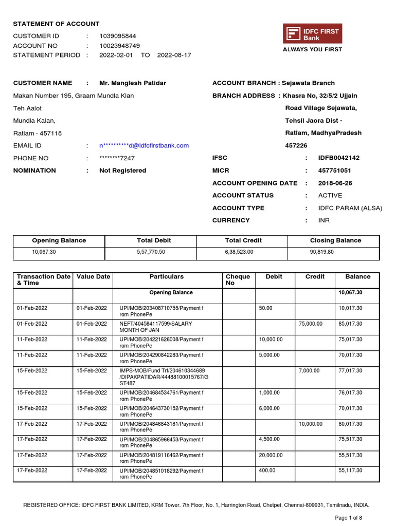 IDFCFIRSTBankstatement 10023948749 | PDF | Payments | Cheque