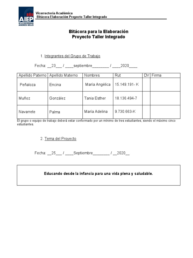 BITÁCORA Elaboración Proyecto Taller Integrado | PDF | Evaluación ...