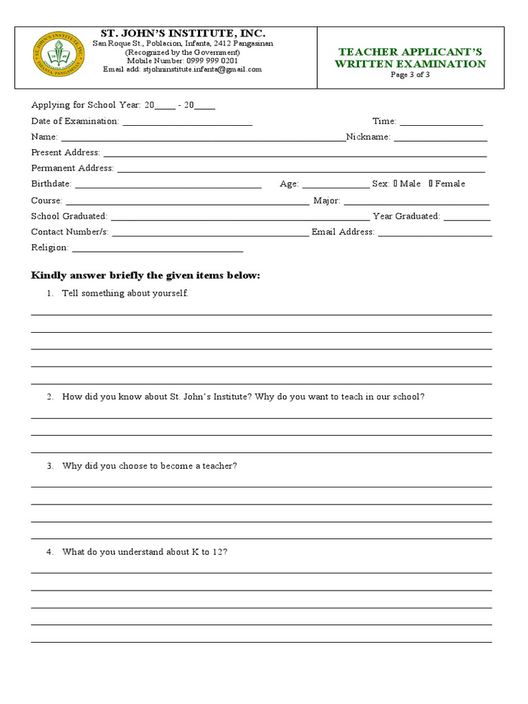 Written Examination For Teacher Applicant | PDF | Cognition | Behavior ...