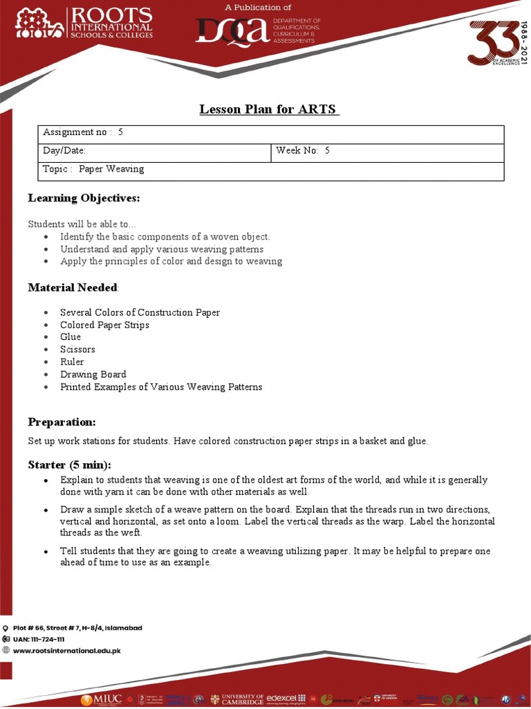 Lesson Plan For ARTS: Learning Objectives | PDF | Weaving | Yarn