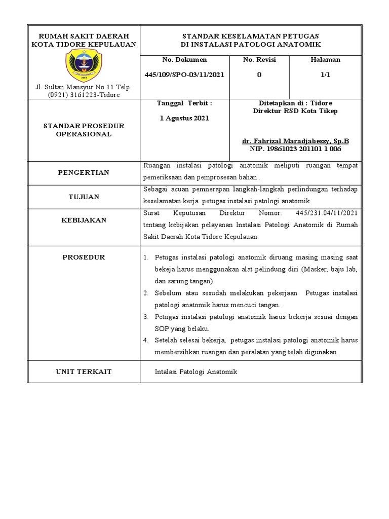 Sop Keselamatan Petugas Laboratorium Di Ruang Patologi Anatomi | PDF