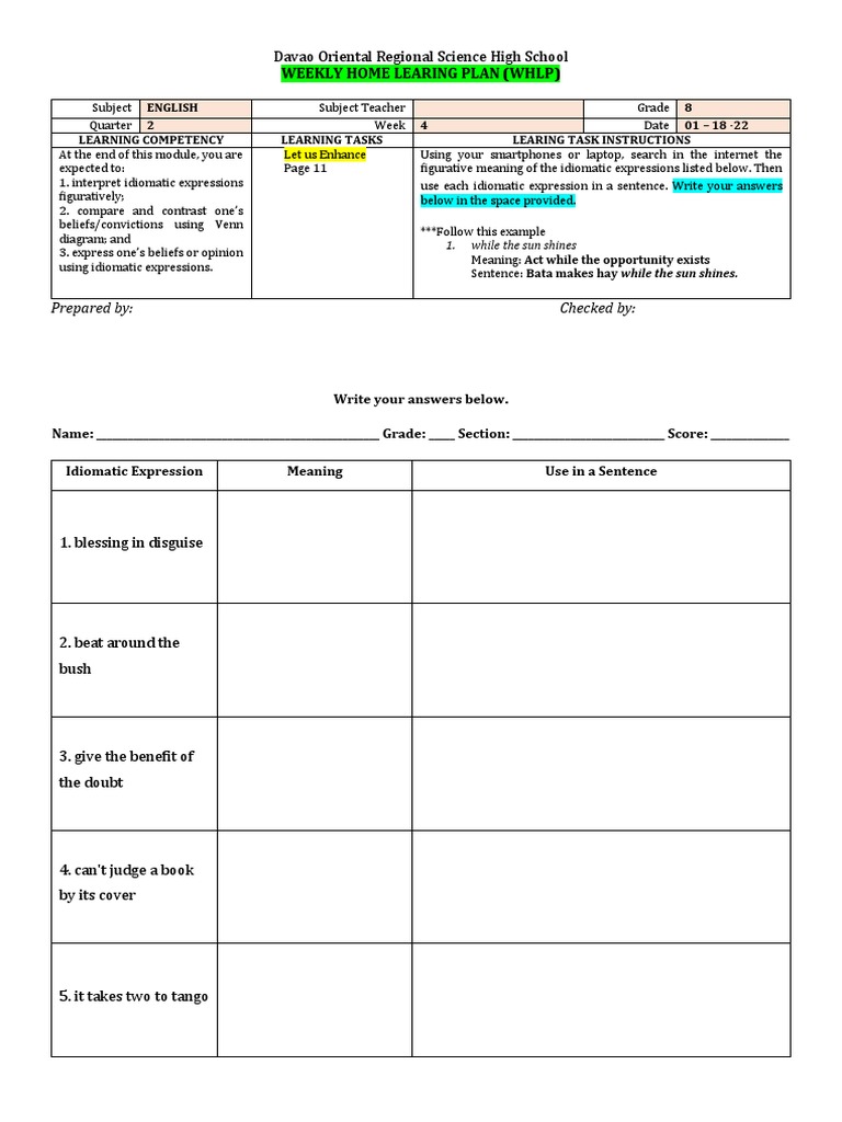 Davao Oriental Regional Science High School: Weekly Home Learing Plan (WHLP) | PDF | Language ...