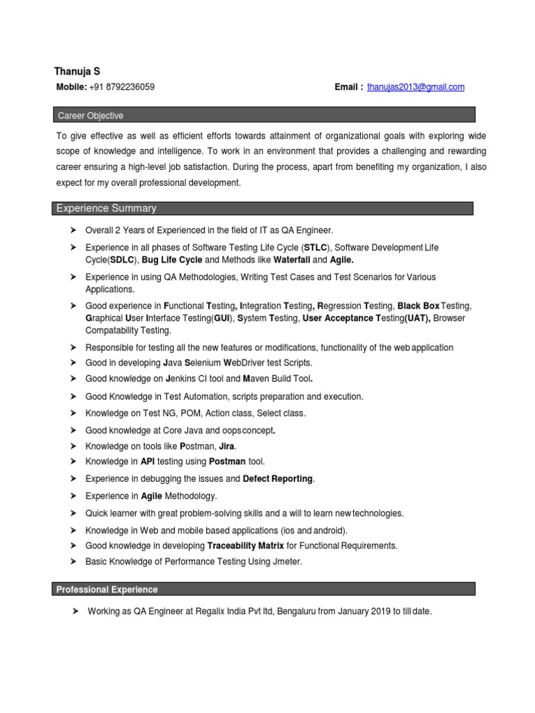Experience Summary: Thanuja S | PDF | Selenium (Software) | Software ...