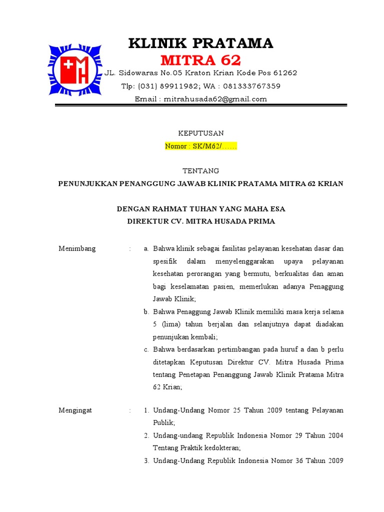 SK Penanggung Jawab Klinik | PDF