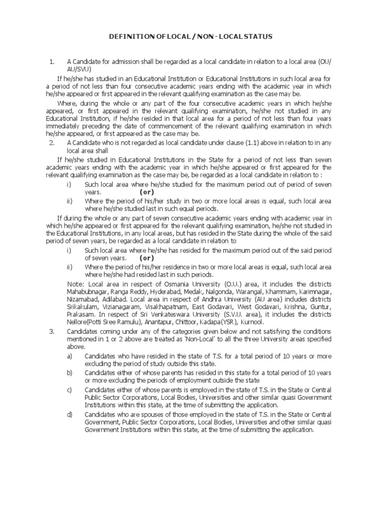 Definition of Local & Non Local Status (Annexure-II) | PDF | Government