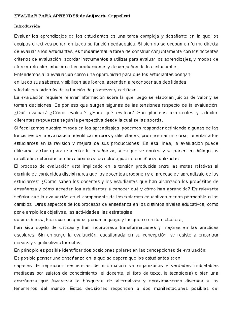 EVALUAR PARA APRENDER de Anijovich | PDF