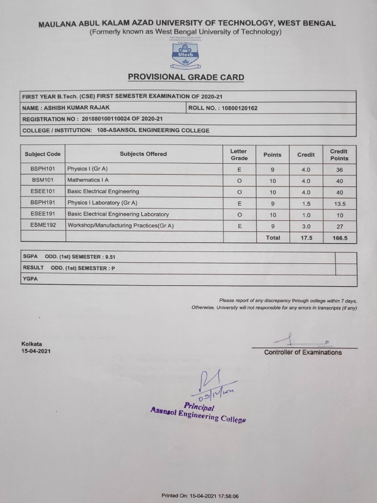 MAULANA ABUL KALAM AZAD UNIVERSITY OF TECHNOLOGY B.Tech Grade Card | PDF | Science