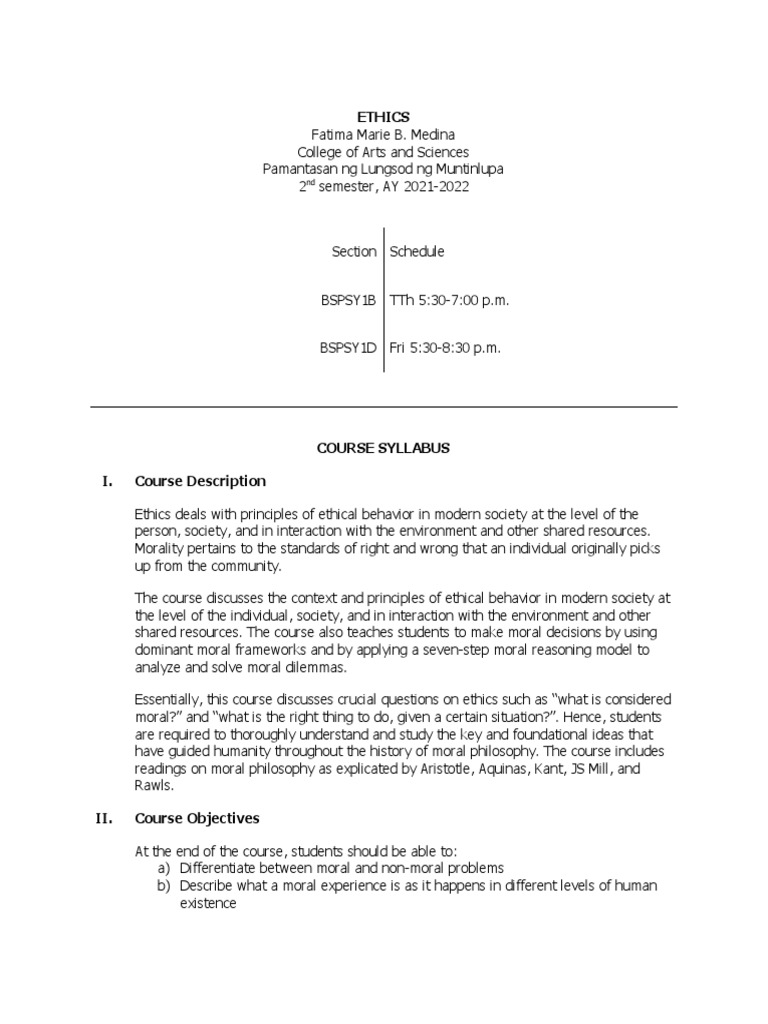 GE8 Ethics Syllabus (AY 2122 S02) Medina | PDF | Applied Ethics | Cognitive Science