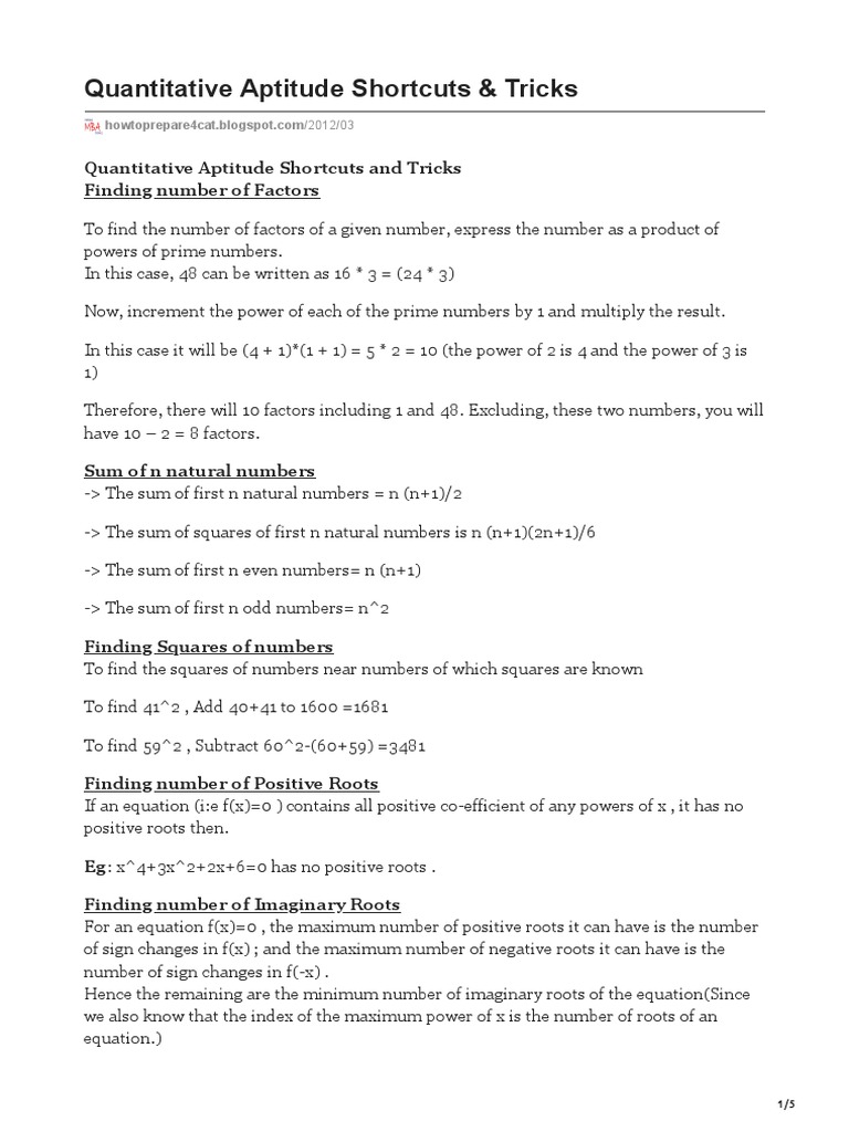 Quantitative Aptitude Shortcuts Amp Tricks | PDF | Numbers | Quadratic Equation