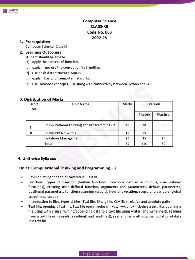 CBSE Class 12 Computer Science Syllabus 2022 23 | PDF | Computer Network | Relational Model