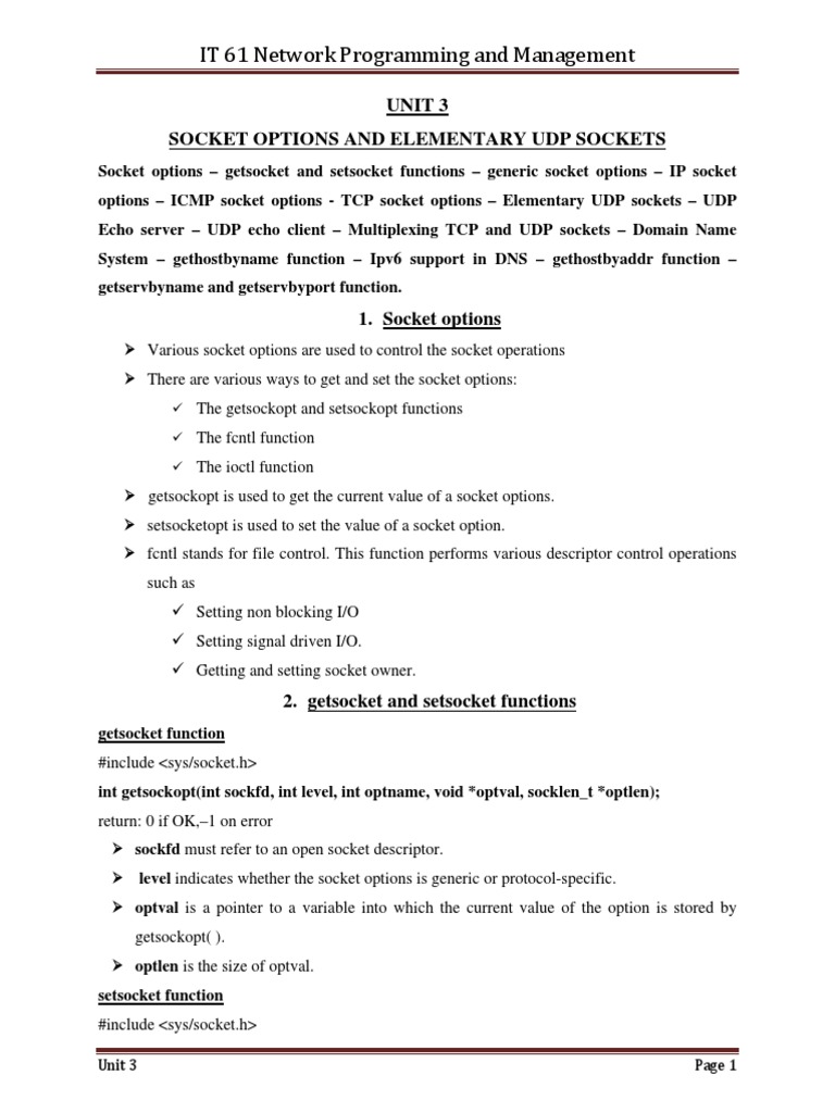 Unit 3 Socket Options And Elementary Udp Sockets Pdf Domain Name System Transmission