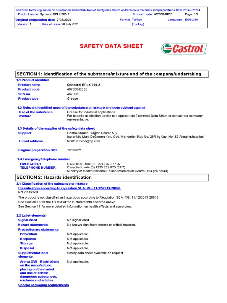Castrol Spheerol EPLX 200 - 2 Grease | PDF | Personal Protective Equipment | Dangerous Goods