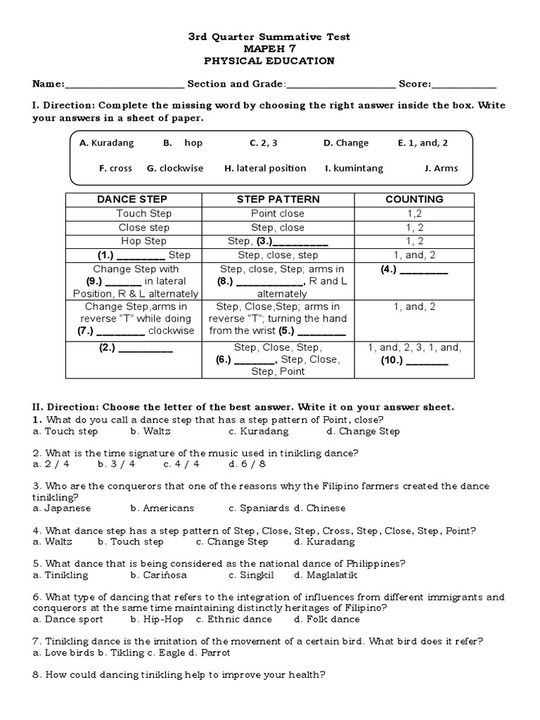 3rd Quarter Summative Test P.E | PDF | Dances | Philippines