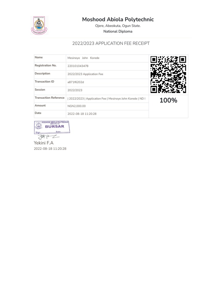 Moshood Abiola Polytechnic: 2022/2023 Application Fee Receipt | PDF