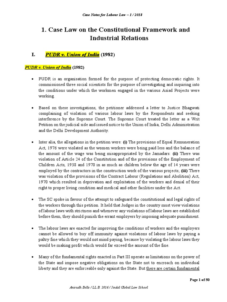 01 Labour Law 1 - Notes - Anirudh Belle | PDF | Employment | Labour ...