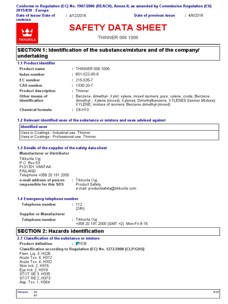 Safety Data Sheet: SECTION 1: Identification of The Substance/mixture and of The Company ...