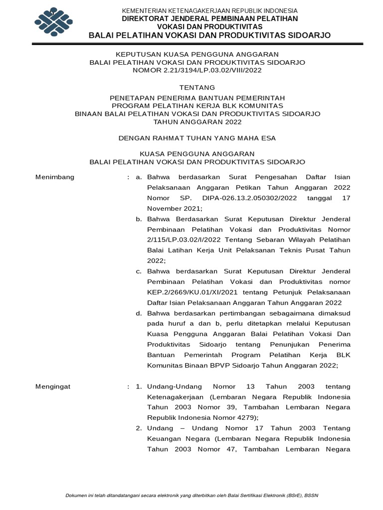 SK Penerima Banprog 2022, 194 BLKK | PDF