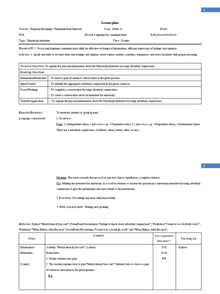 Grammar Lesson Plan (Group7 Adverbial Conjunction) | PDF | Information ...