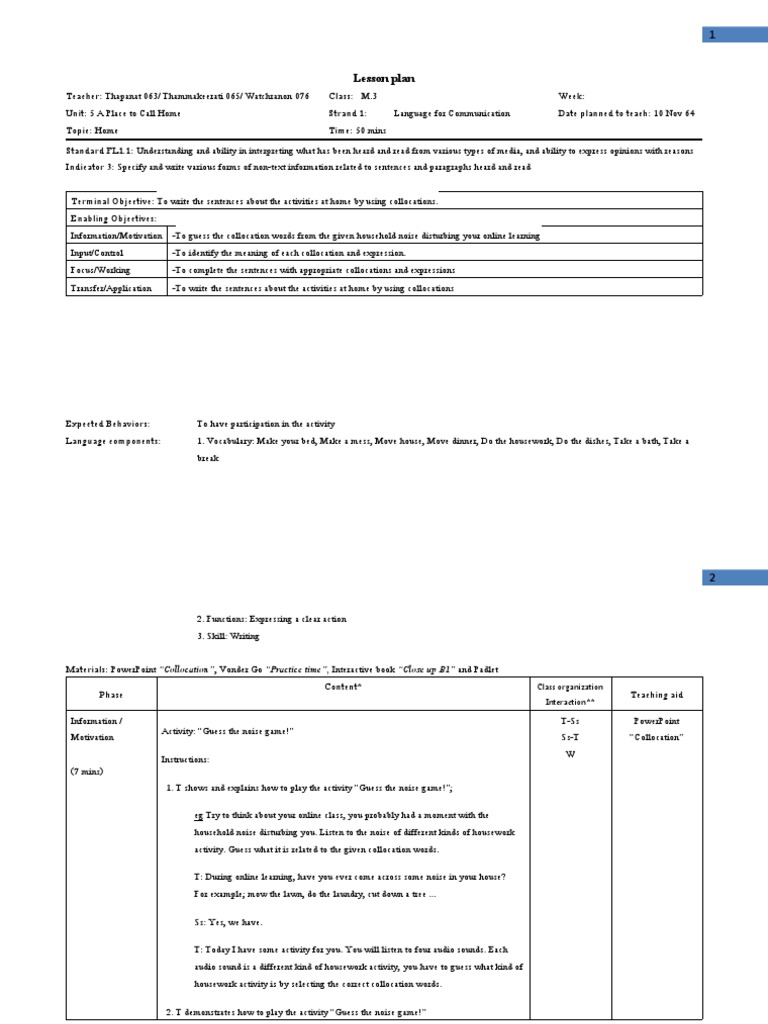 แผน Unit 5 Vocabulary Collocation | PDF | Teachers | Vocabulary