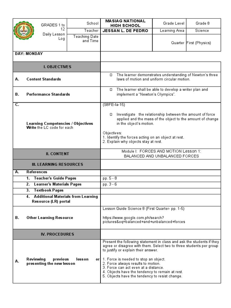 DLL Science 8 1st | PDF | Force | Inertia
