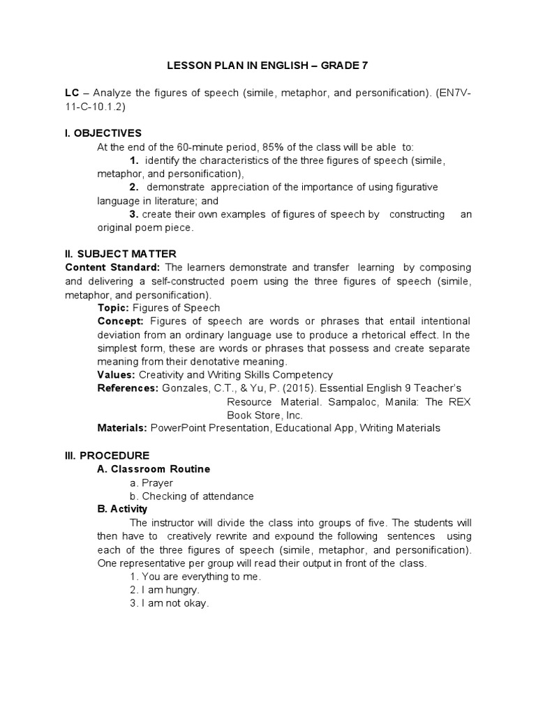 Elt 223 Grade 7 English Lesson Plan | PDF | Metaphor | Poetry