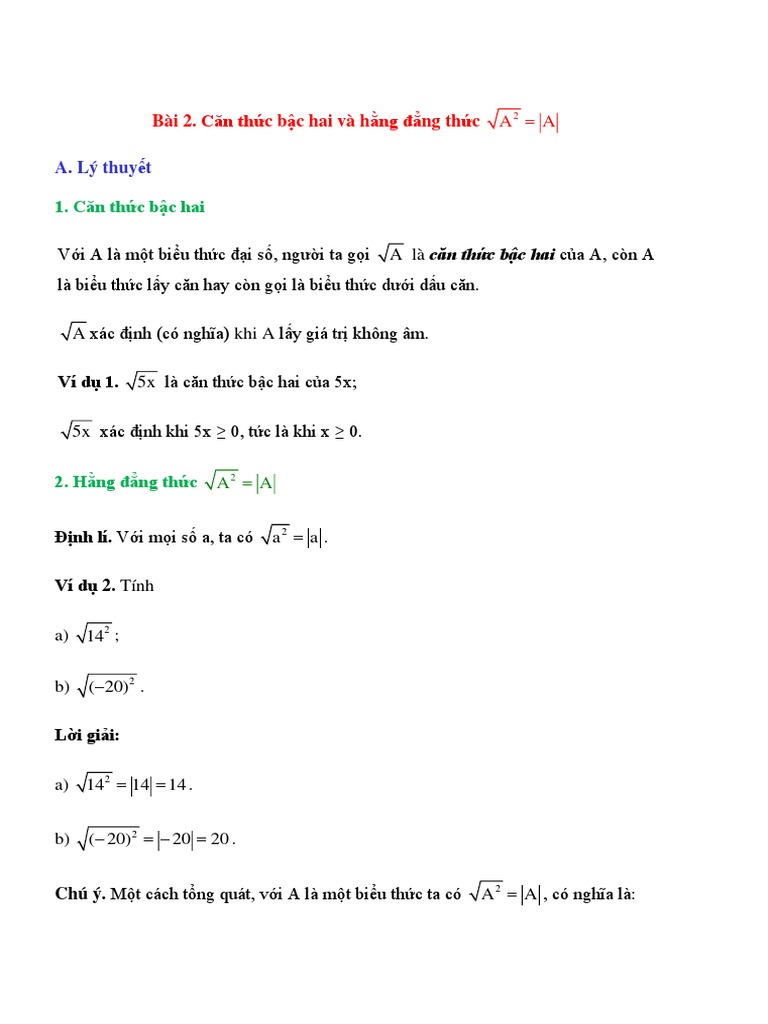 Ly Thuyet Can Thuc Bac Hai Va Hang Dang Thuc Chi Tiet Toan Lop 9 | PDF