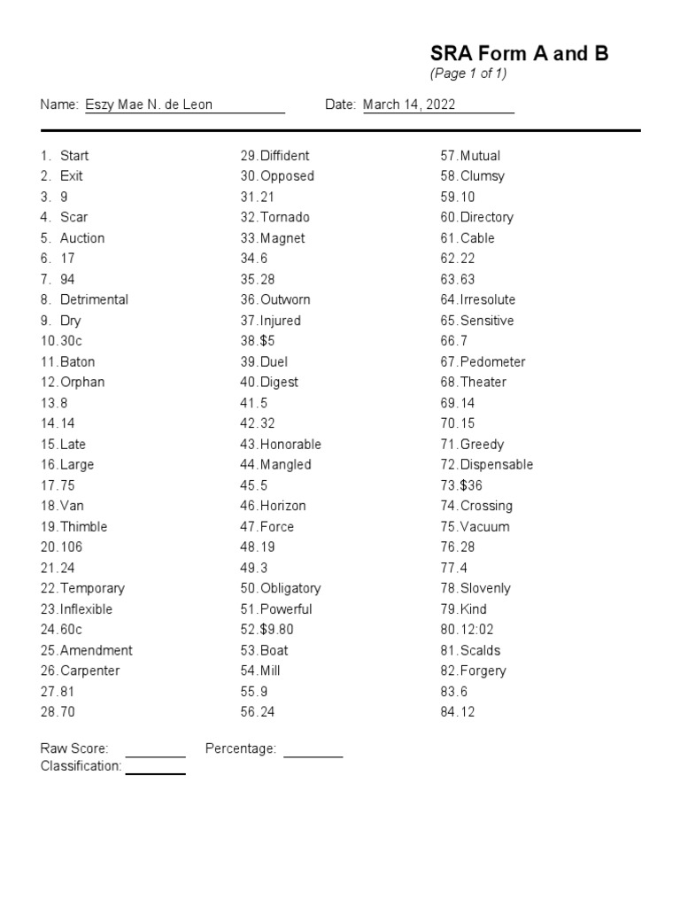 SRA Test Form A and B Answer Key | PDF