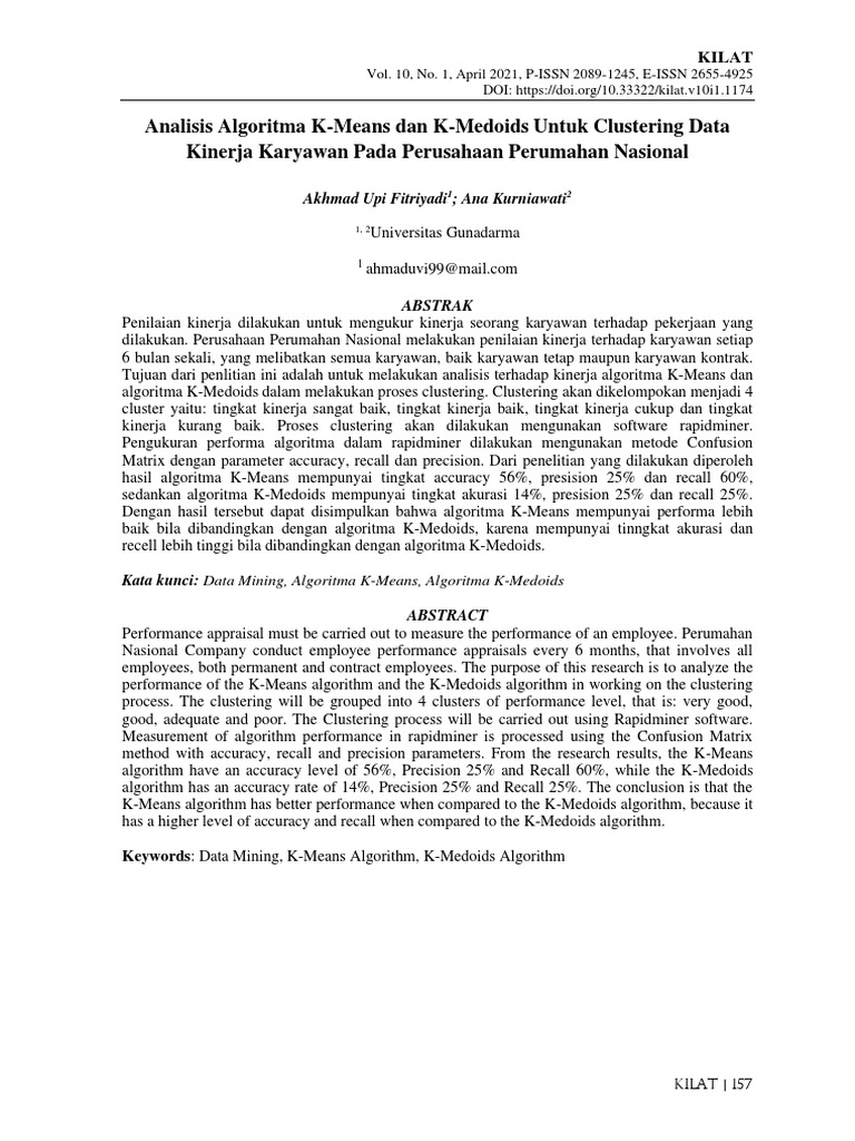 Analisis Algoritma K-Means Dan K-Medoids Untuk Clustering Data Kinerja Karyawan Pada Perusahaan ...