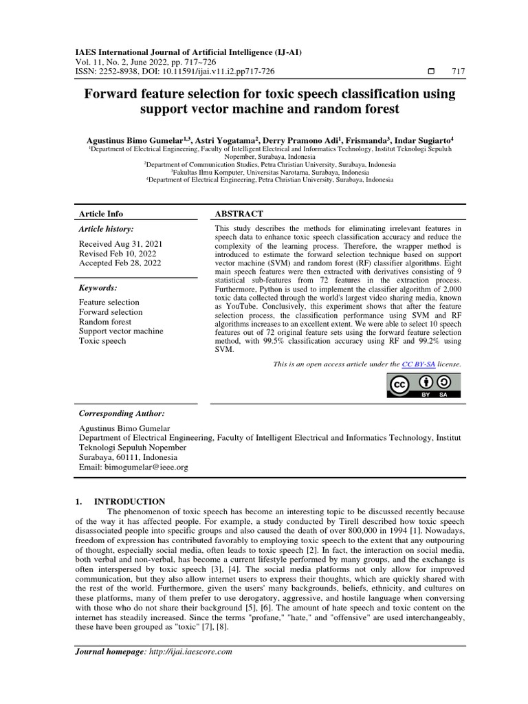 Forward Feature Selection For Toxic Speech Classification Using Support Vector Machine and ...