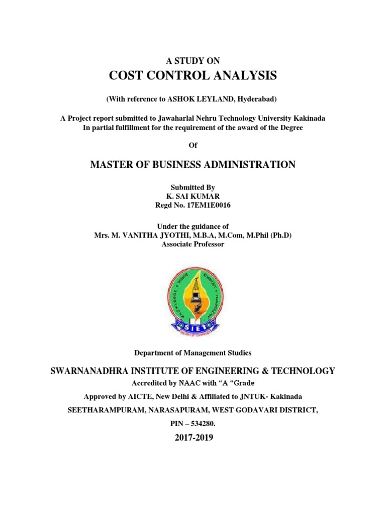 Cost Control Analysis: Master of Business Administration | PDF
