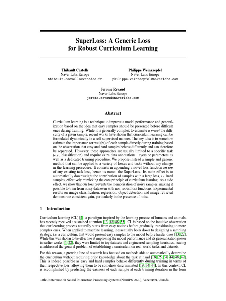 Superloss: A Generic Loss For Robust Curriculum Learning | PDF | Regression Analysis | Sampling ...