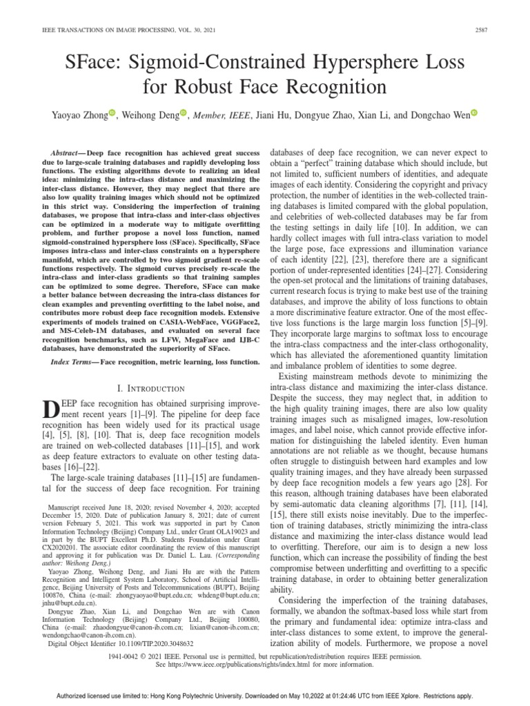 SFace Sigmoid-Constrained Hypersphere Loss For Robust Face Recognition | PDF | Databases | Gradient