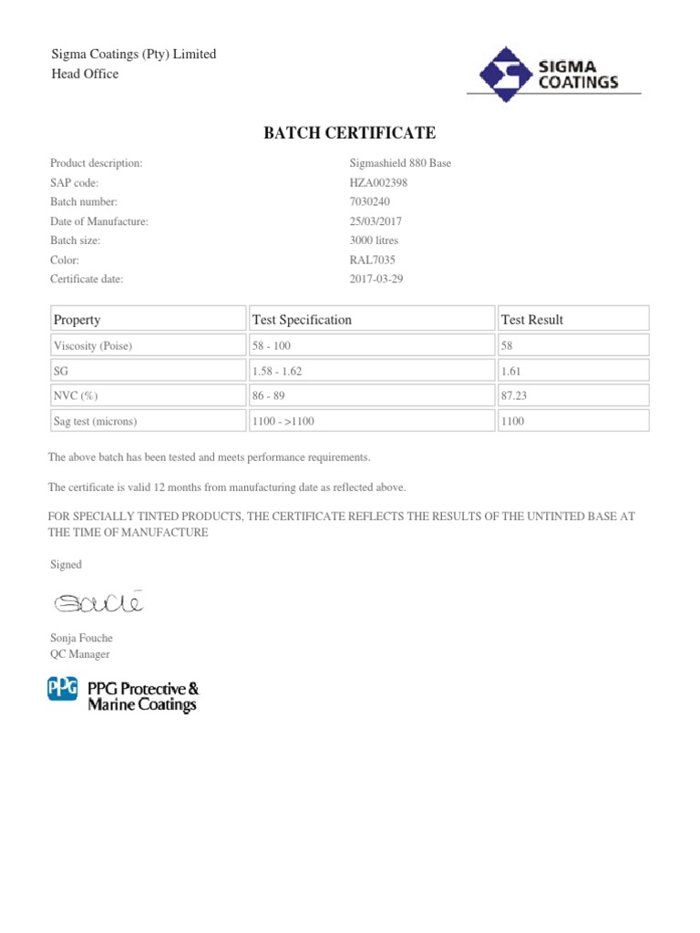 Batch Certificate 7030240 | PDF