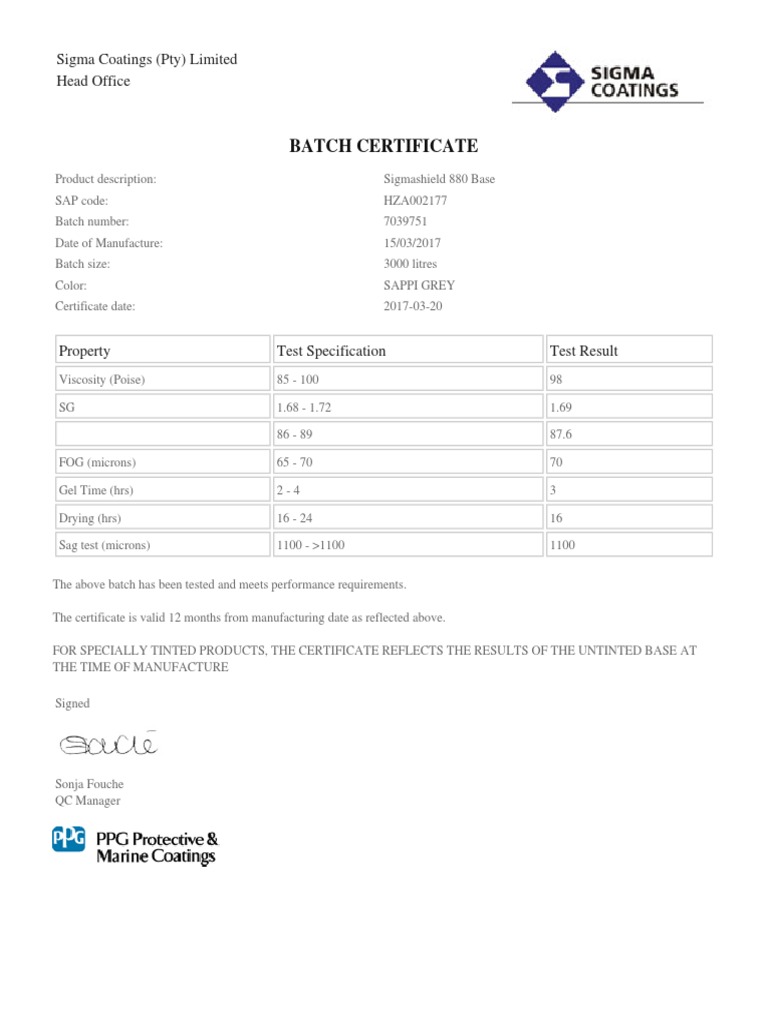 Batch Certificate: Sigma Coatings (Pty) Limited Head Office | PDF