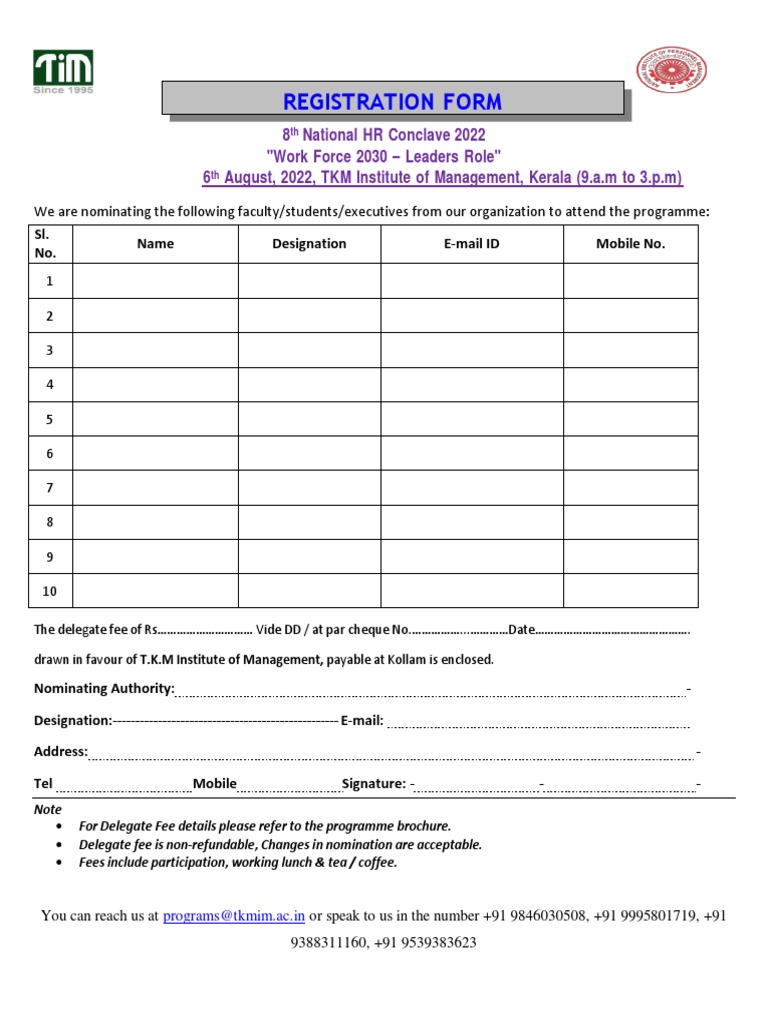 HR Conclave 2022 Registration Form | PDF