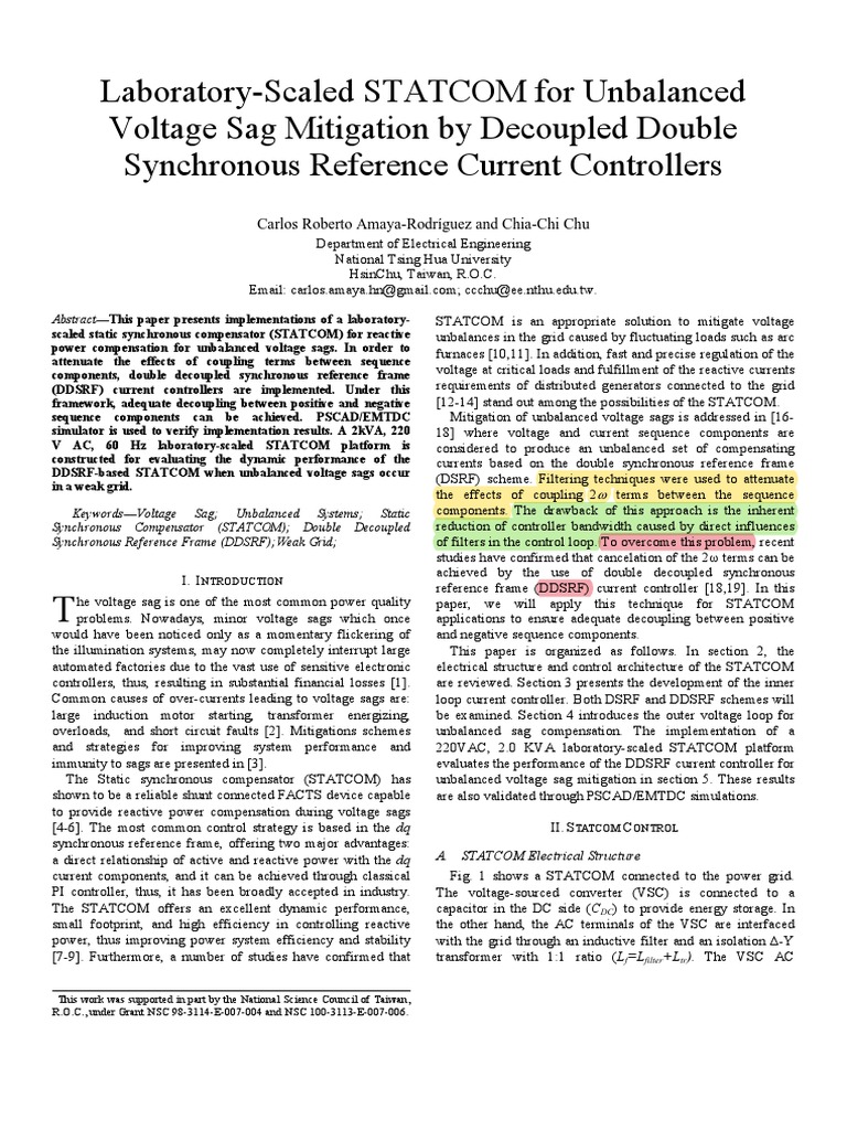 Laboratory-Scaled STATCOM For Unbalanced Voltage Sag Mitigation by Decoupled Double Synchronous ...