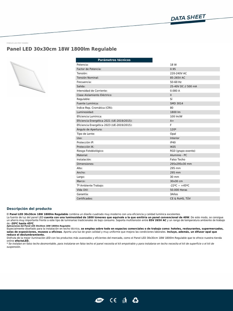 Panel LED 30x30cm 18W 1800lm Regulable | PDF | Diodo emisor de luz ...