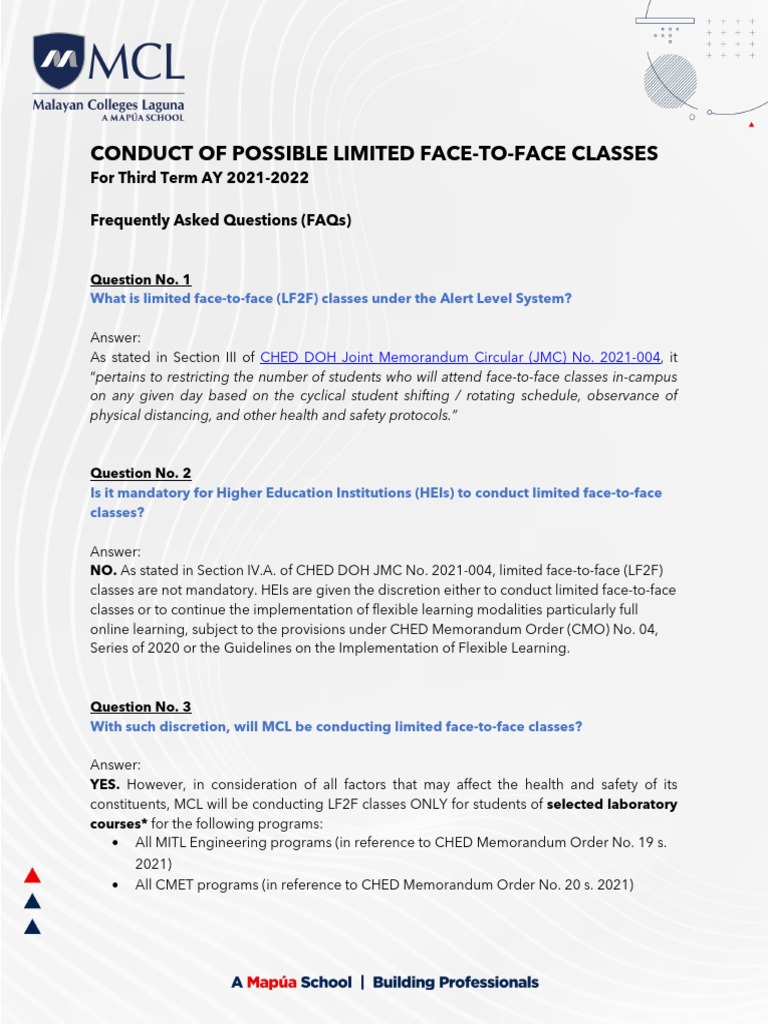 Conduct of Possible Limited Face-To-Face Classes: For Third Term Ay 2021-2022 Frequently Asked ...