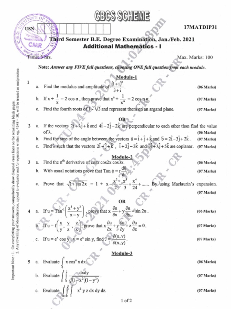 VTU Question Paper of 17MATDIP31 Additional Mathematics-I Jan-2021 | PDF