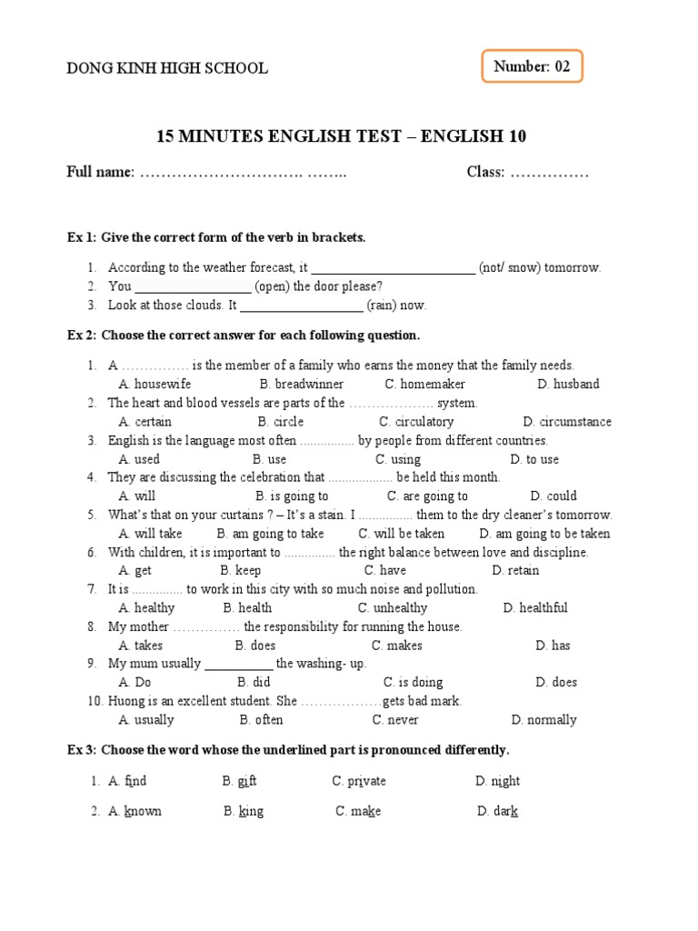 15 - Minute English Test Unit 2 | PDF