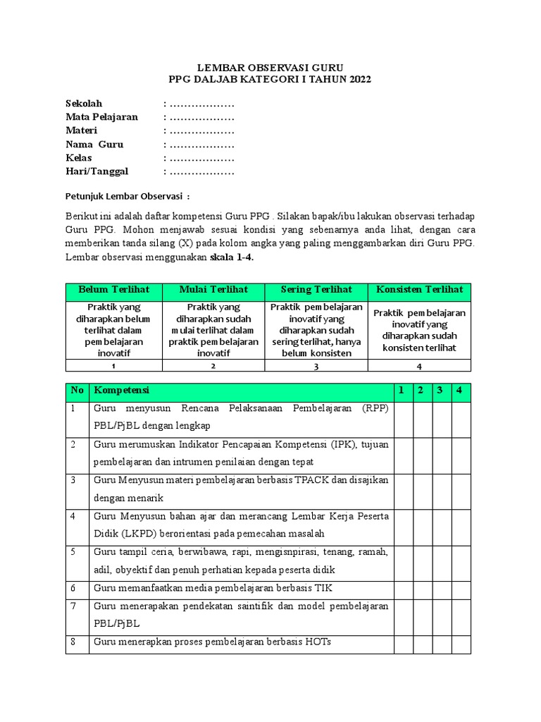 Lembar Observasi Guru | PDF